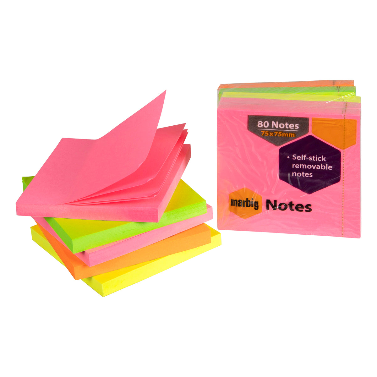 Marbig Sticky Notes Brilliant 75x75mm 80 sheets Asst Colours Pack of 5 ...